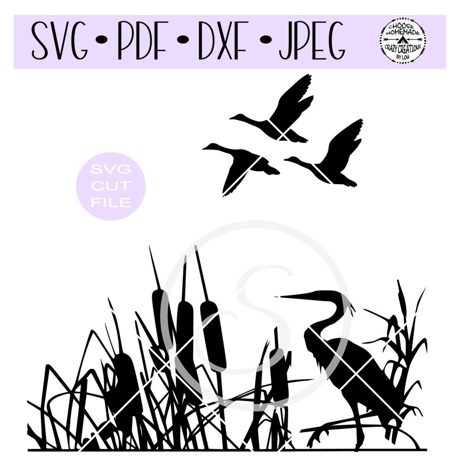 Marshland Cattails Egret Loons Silhouette SVG Digital Cut File for Htv ...