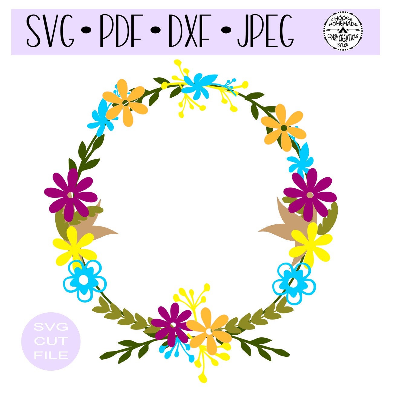 Floral Wreath Colorful Circle digital cut file for | Etsy