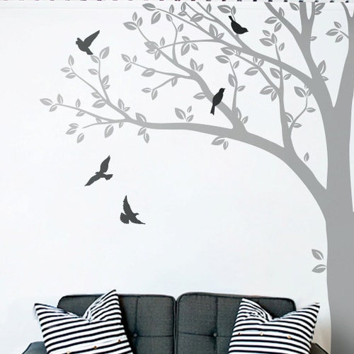 White Tree Wall Decal Huge Corner Tree With Leaves And Birds Etsy