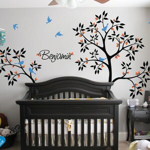 Personalized Nursery Tree Wall Decal With Baby Name, Flying Birds and ...