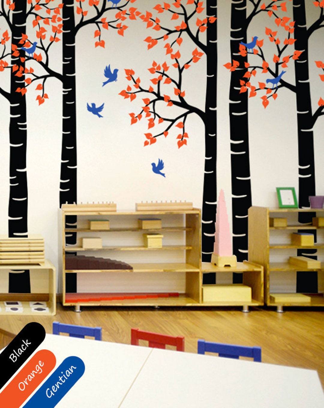 Birch Trees Wall Stickers With Flying Birds Tree Wall Decal Wall Mural ...