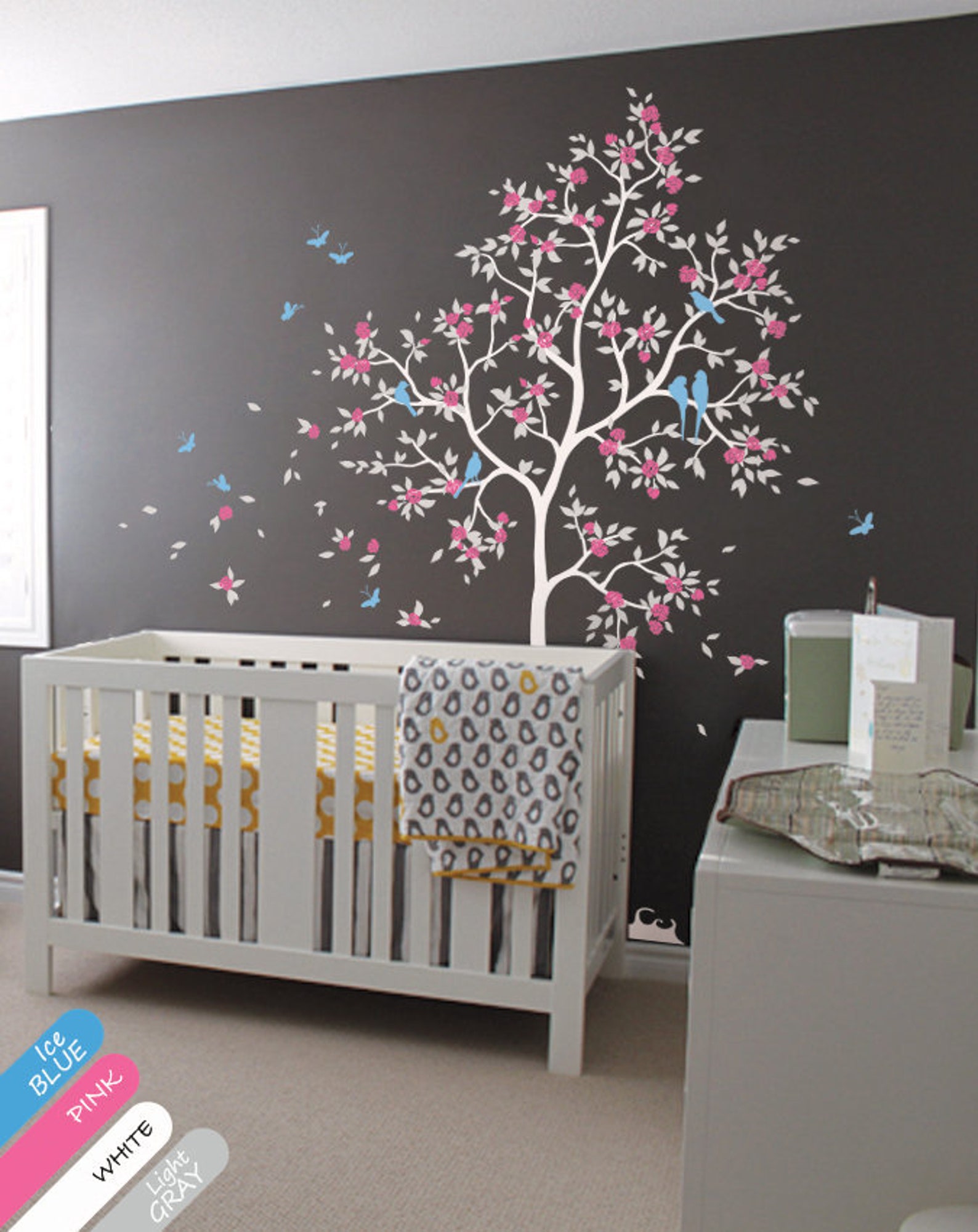 White Tree Wall Decal Huge Tree Wall Sticker Rose Blossom - Etsy