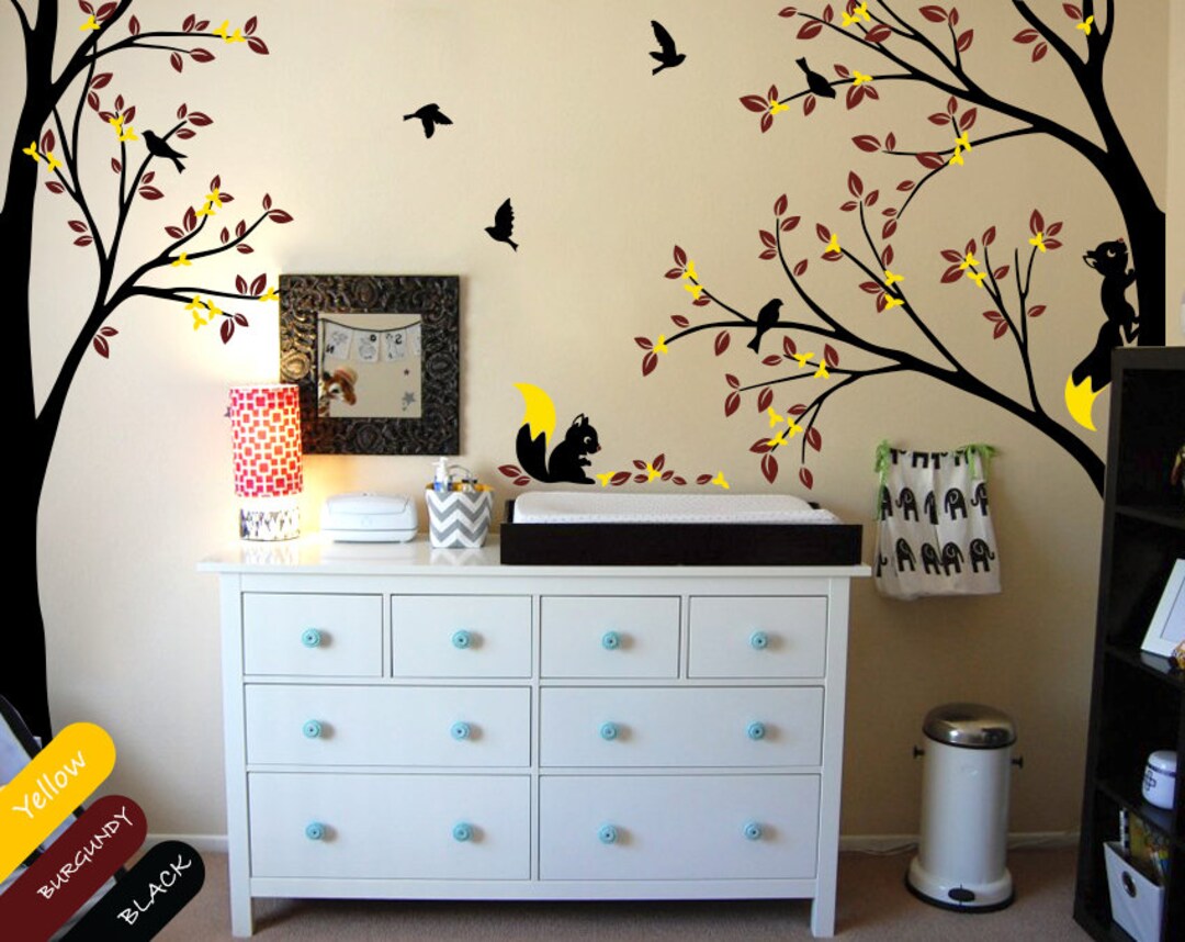 Large Corner Tree Wall Decal With Flying Birds Squirrels and Leaves ...