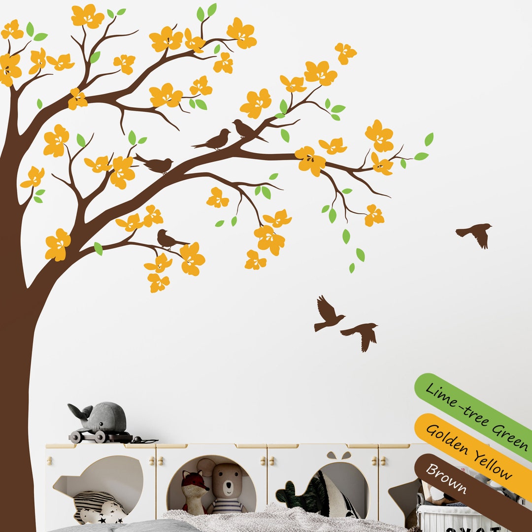 Corner Tree Wall Decal Stickers With Large Blossoms, Leaves and Birds ...