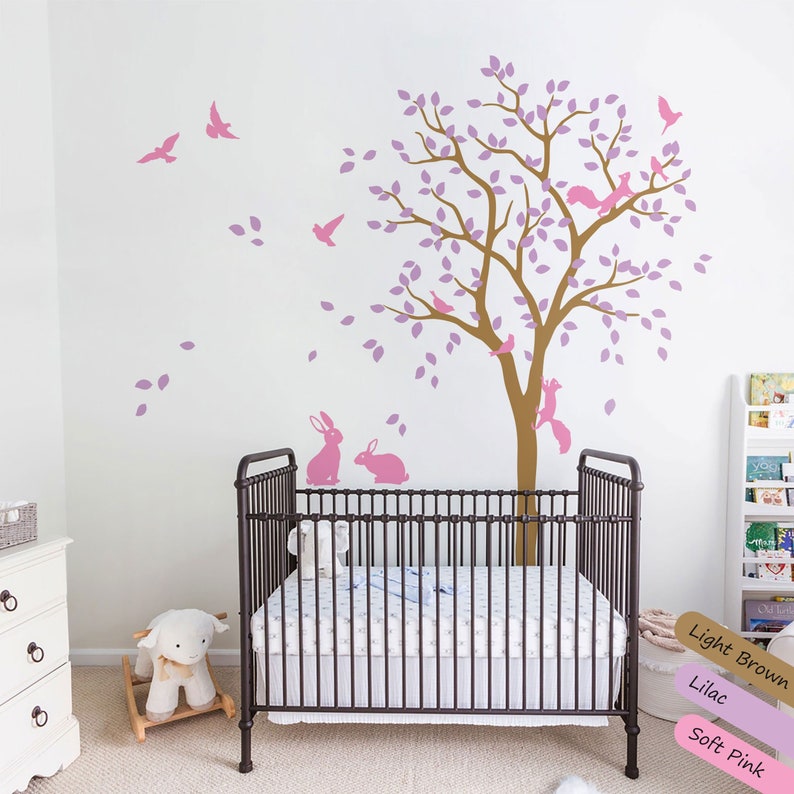Custom Tree Wall Decal, Woodland Nursery Art, Squirrels, Bunnies, Birds ...