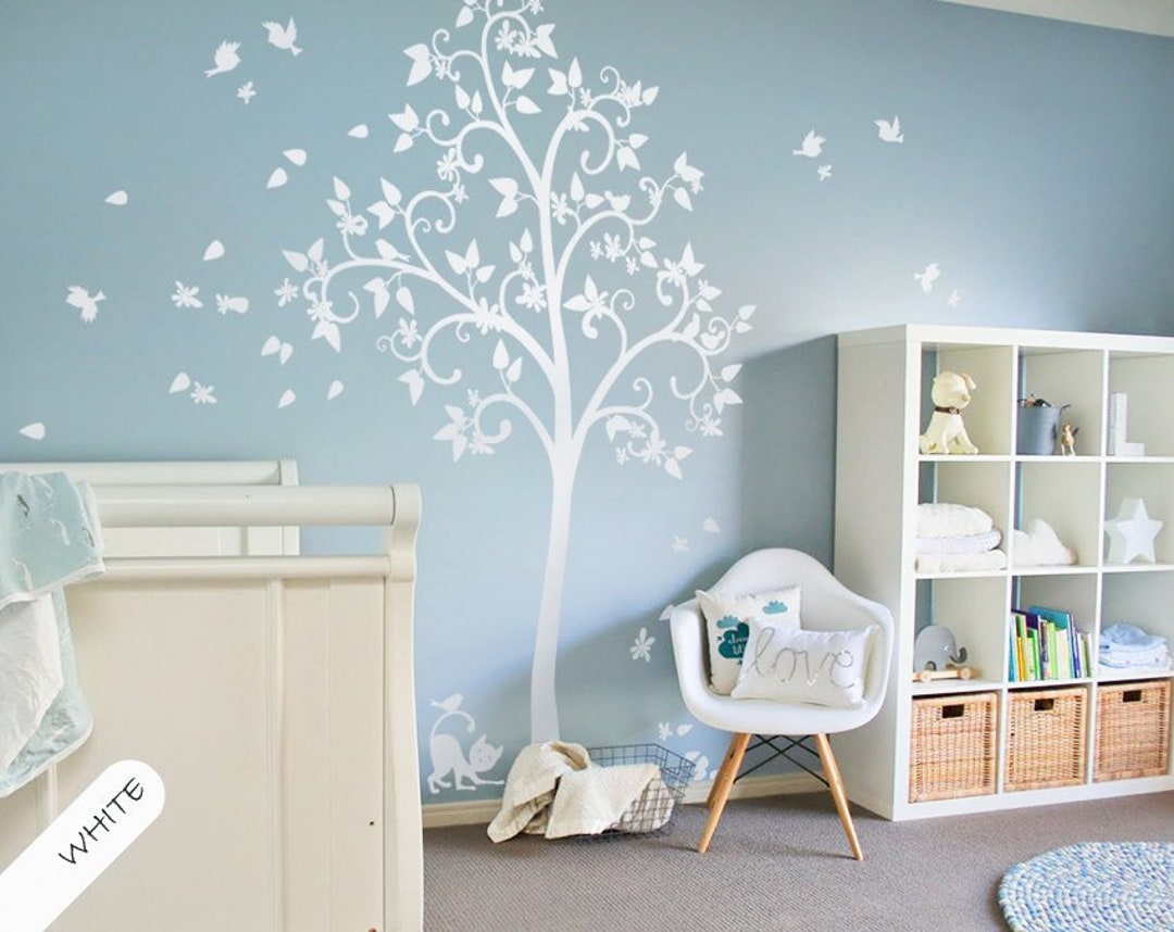 White Tree Wall Decal Curly Branches Tree Wall Sticker With Leaves ...