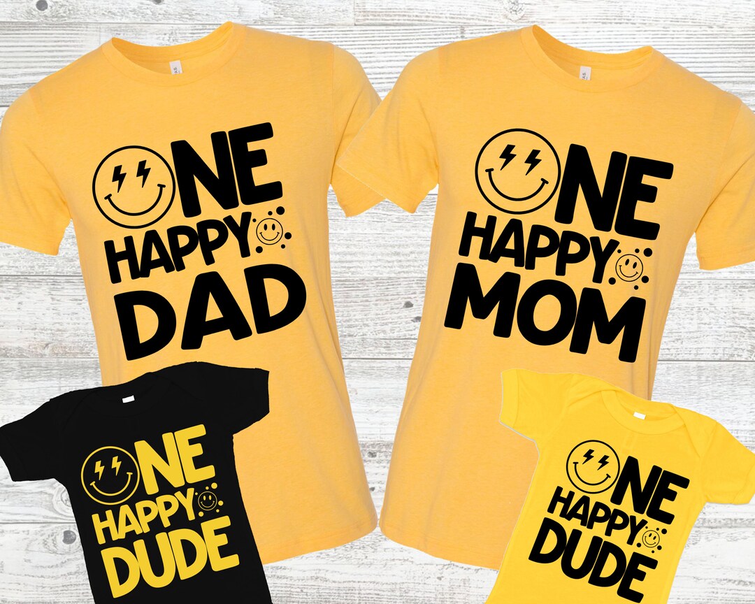 ONE Happy Dude Family Shirts on Yellow Cool Dude, Smiley Face, Mom Dad ...