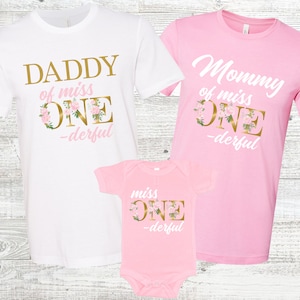 Miss One-derful Birthday Family Shirts on Pink- Floral 1st Bday Girl ...