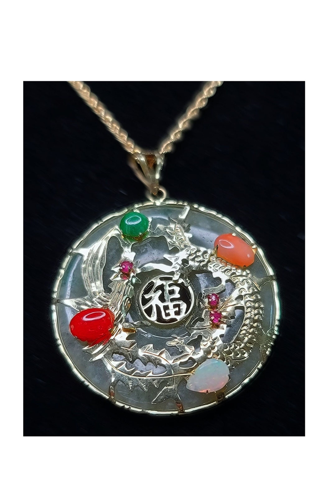 White JADE “PI” Good Luck Pendant-14k Gold-red-pink-green Jade ...
