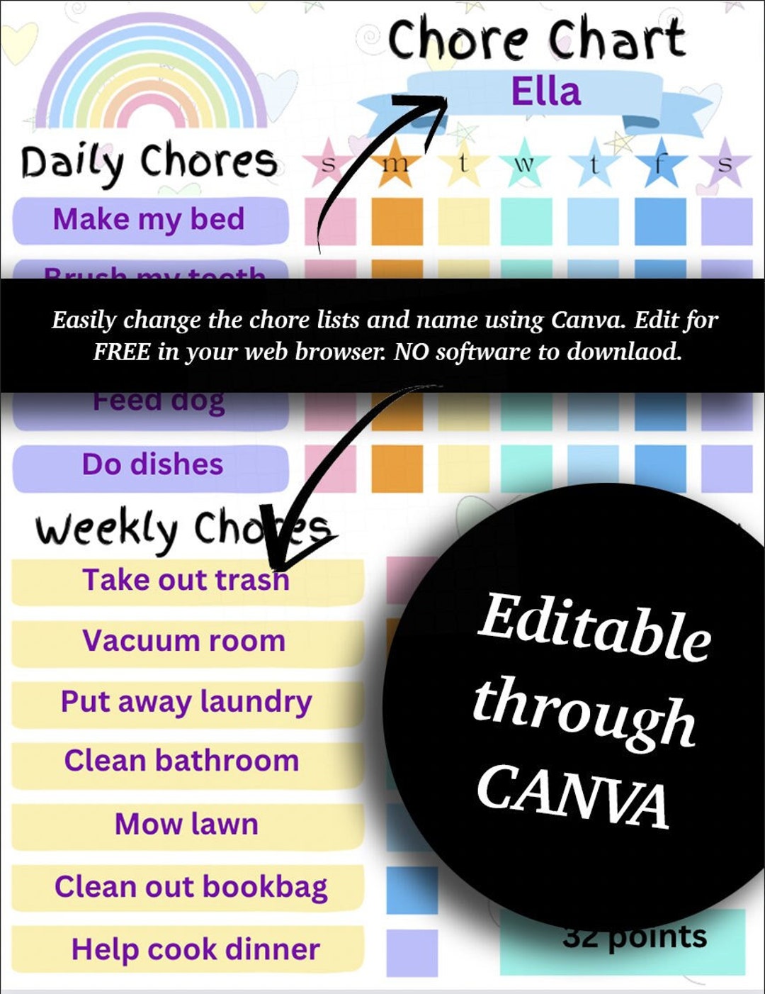 Editable Rainbow Chore Chart for Kids Routine Chart Kids Responsibility ...