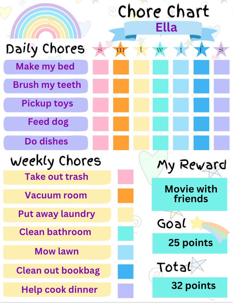 Editable Rainbow Chore Chart for Kids Routine Chart Kids Responsibility ...
