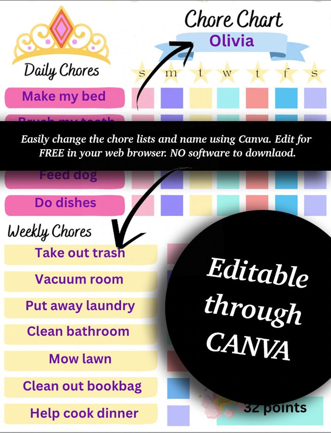 Editable Princess Chore Chart for Kids Routine Chart Kids ...