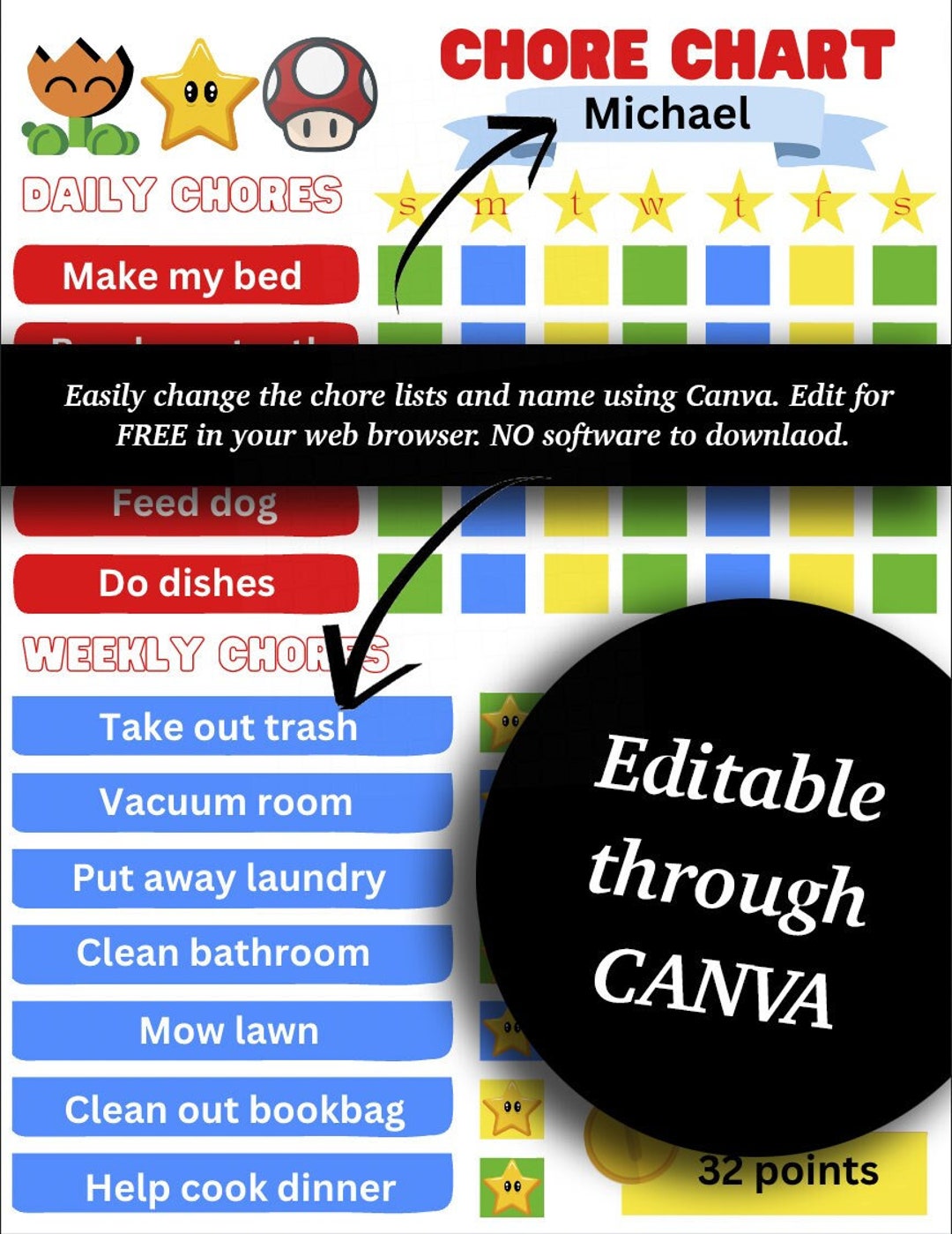 Editable Mario Bros Chore Chart for Kids Routine Chart Kids ...