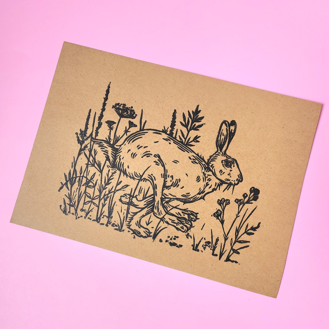 Running Hare Art Print by Zeta Paul 8 X 11.5 Inch Lino Print (brown) - Etsy