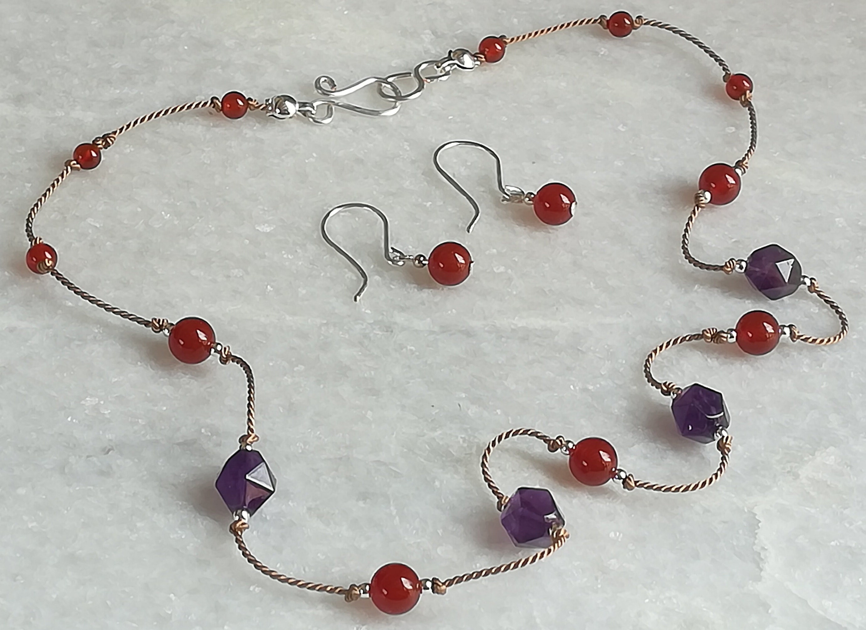 Amethyst and Carnelian 18 Silk Necklace, Purple Red Gemstones Floating ...