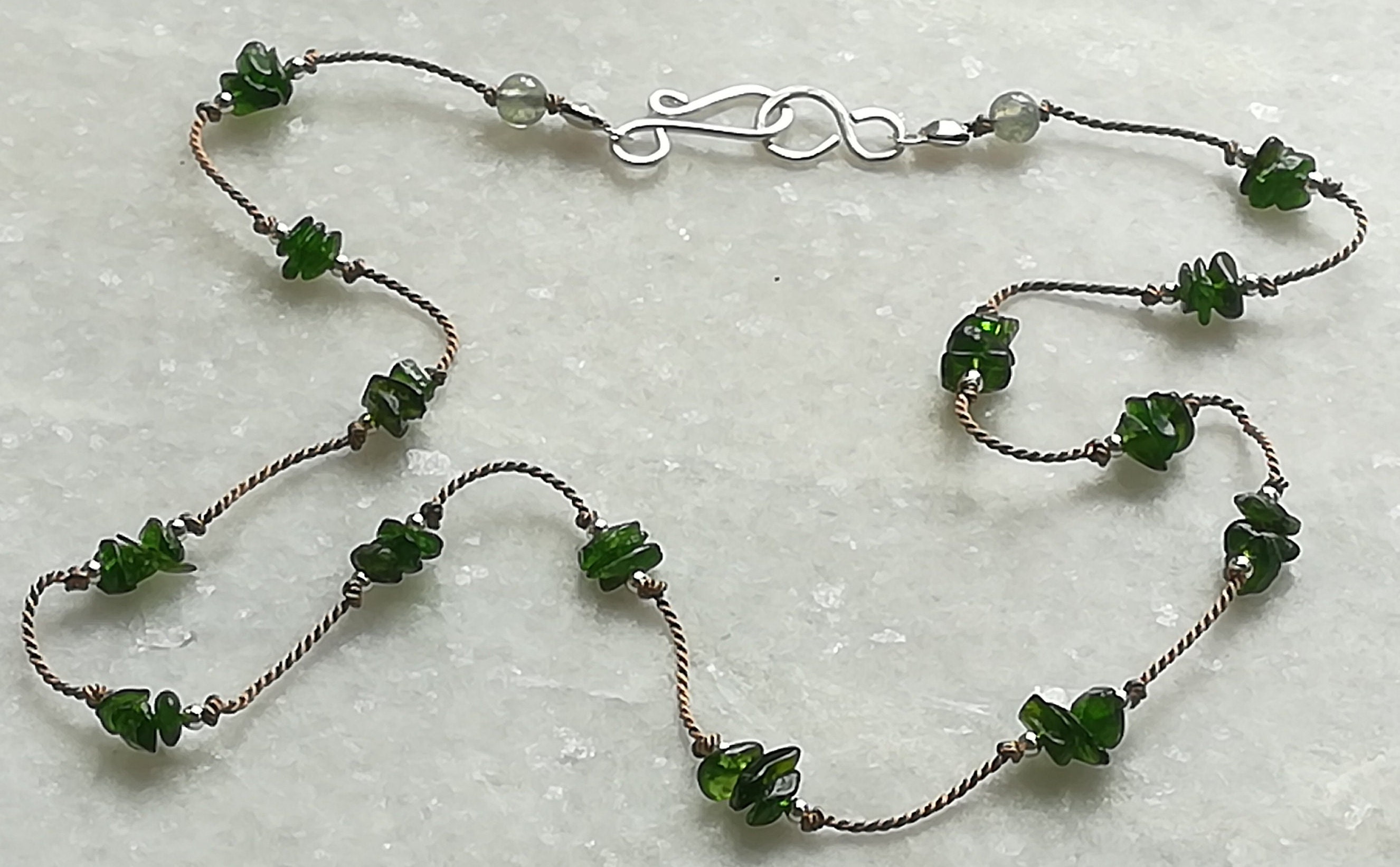 Chrome Diopside 18 Silk Necklace, Silver and Green Gemstone Floating Crystal Necklace, Hand ...