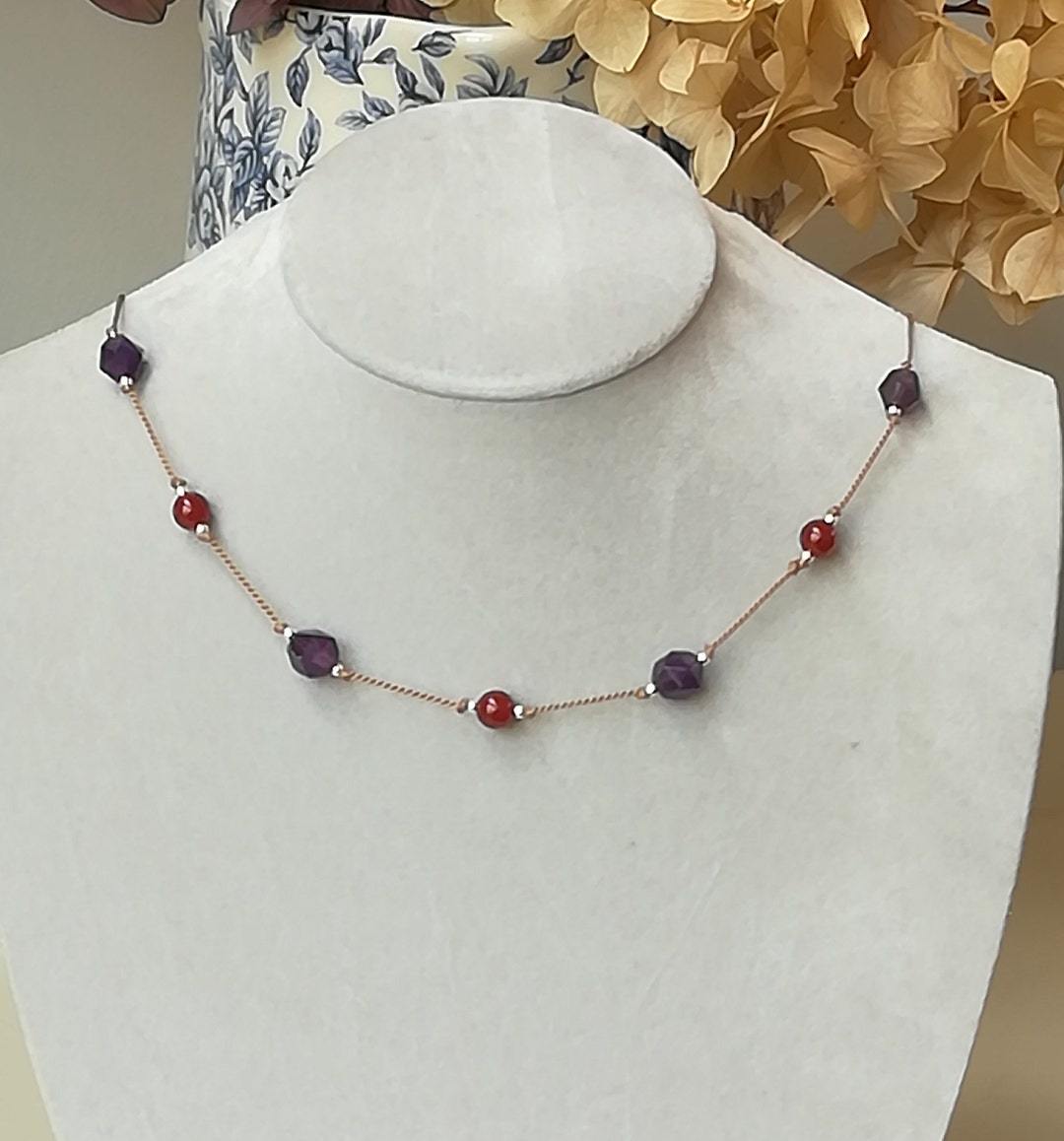 Amethyst and Carnelian 18 Silk Necklace, Purple Red Gemstones Floating ...
