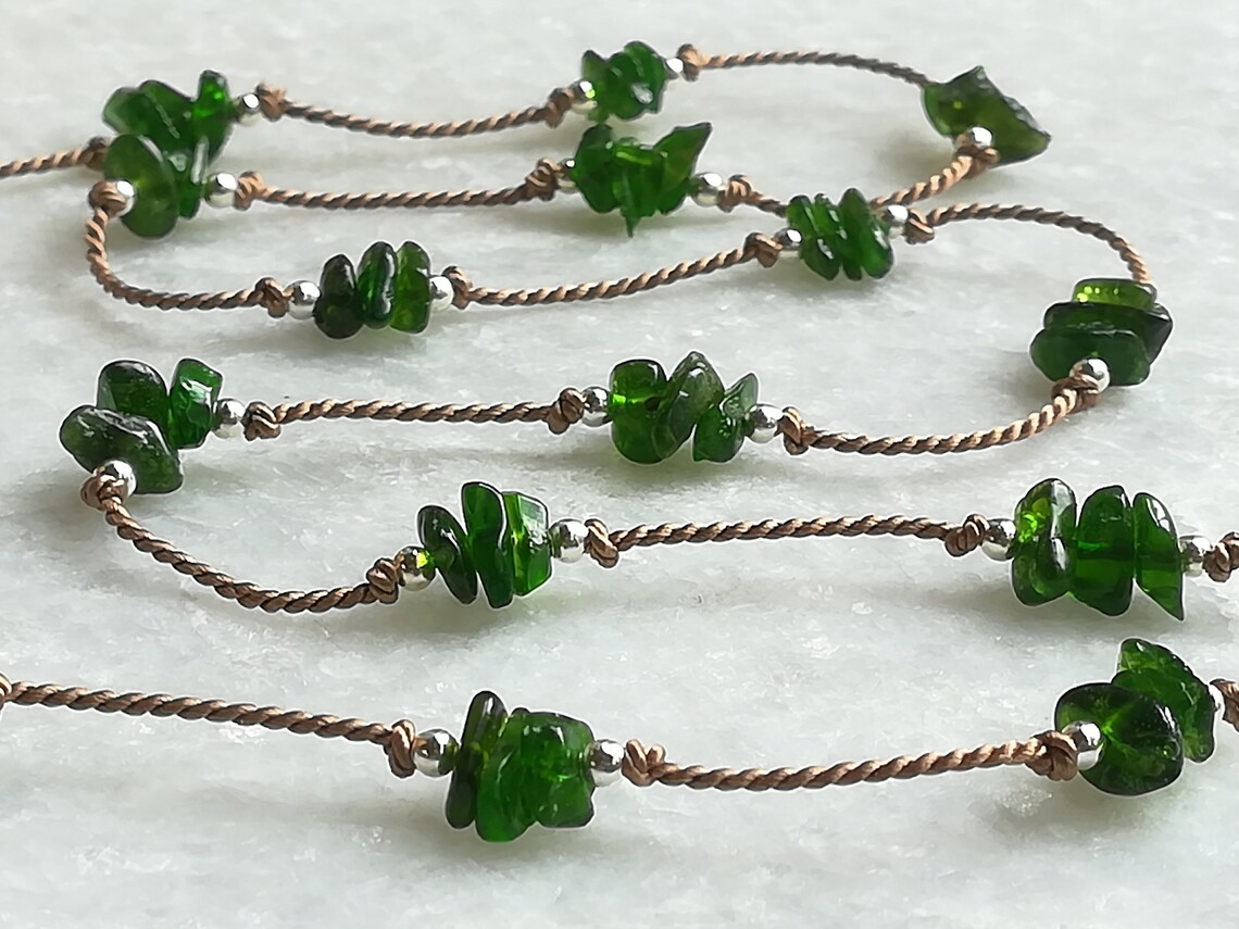Chrome Diopside 18 Silk Necklace, Silver and Green Gemstone Floating Crystal Necklace, Hand ...