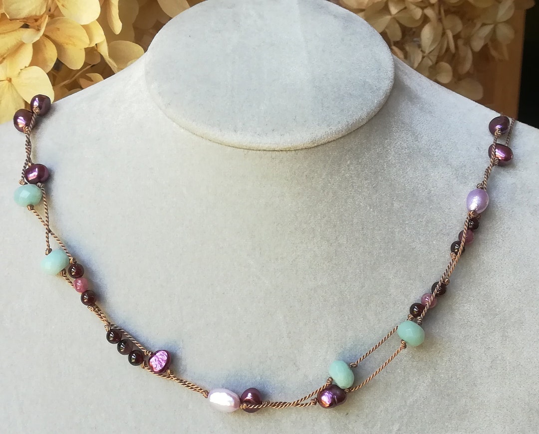 Pearl Amazonite Tourmaline 40 Silk Necklace, Pink Blue Gemstone ...