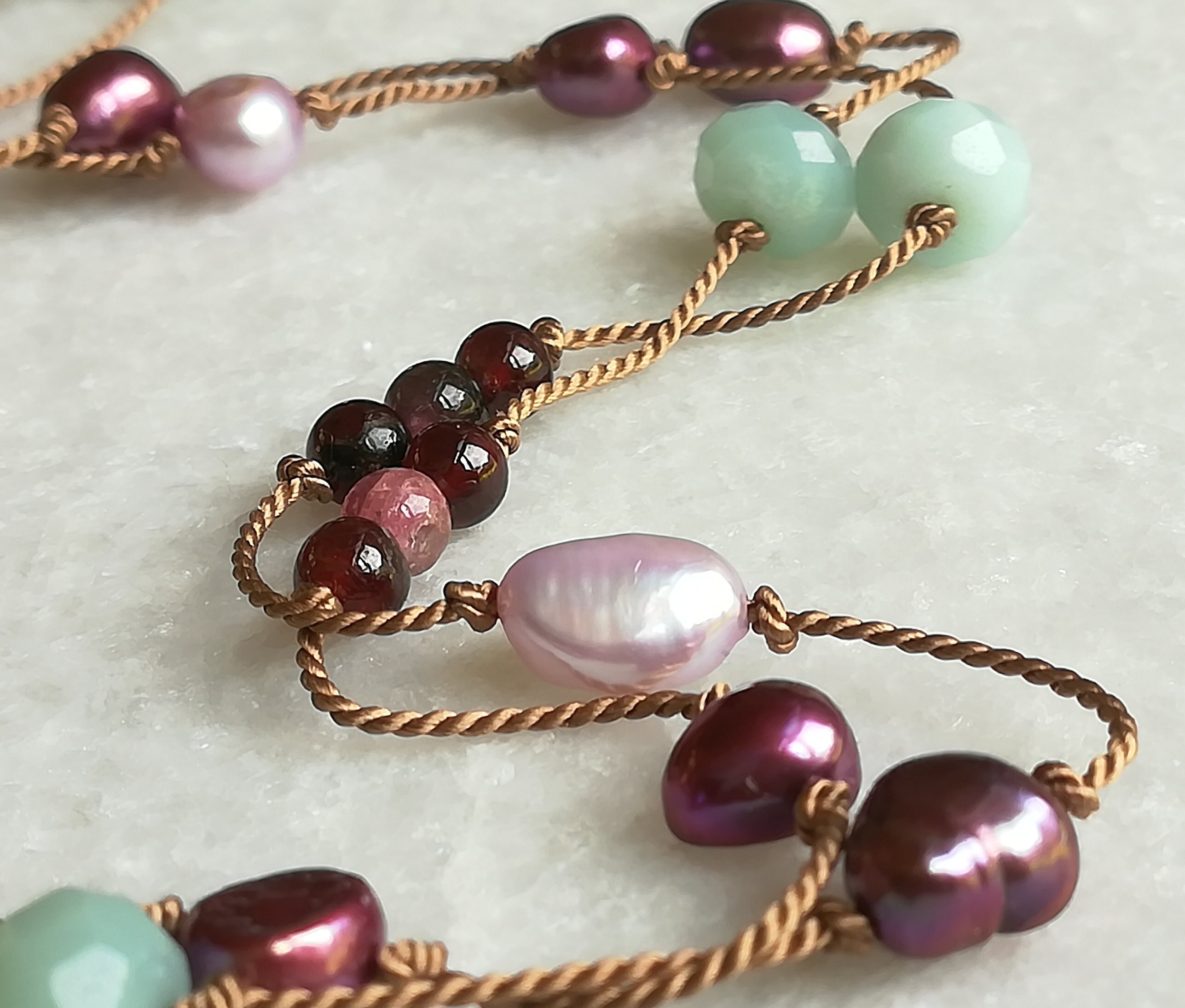 Pearl Amazonite Tourmaline 40 Silk Necklace, Pink Blue Gemstone ...