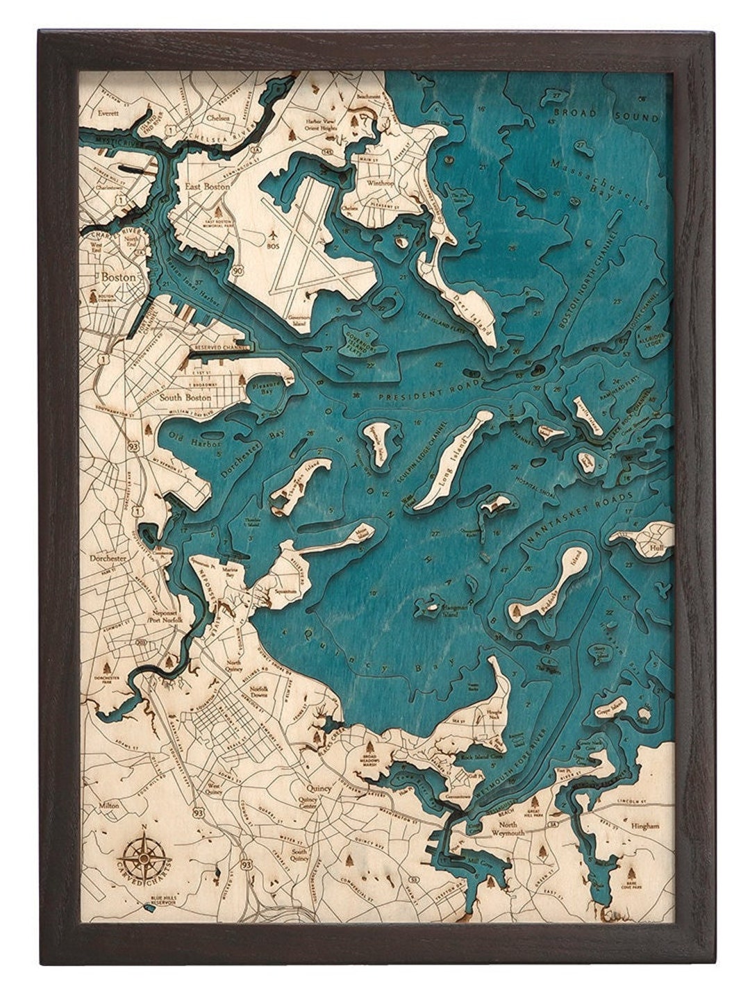 Boston Harbor Wood Carved Topographic Depth Chart / Map - Multiple ...
