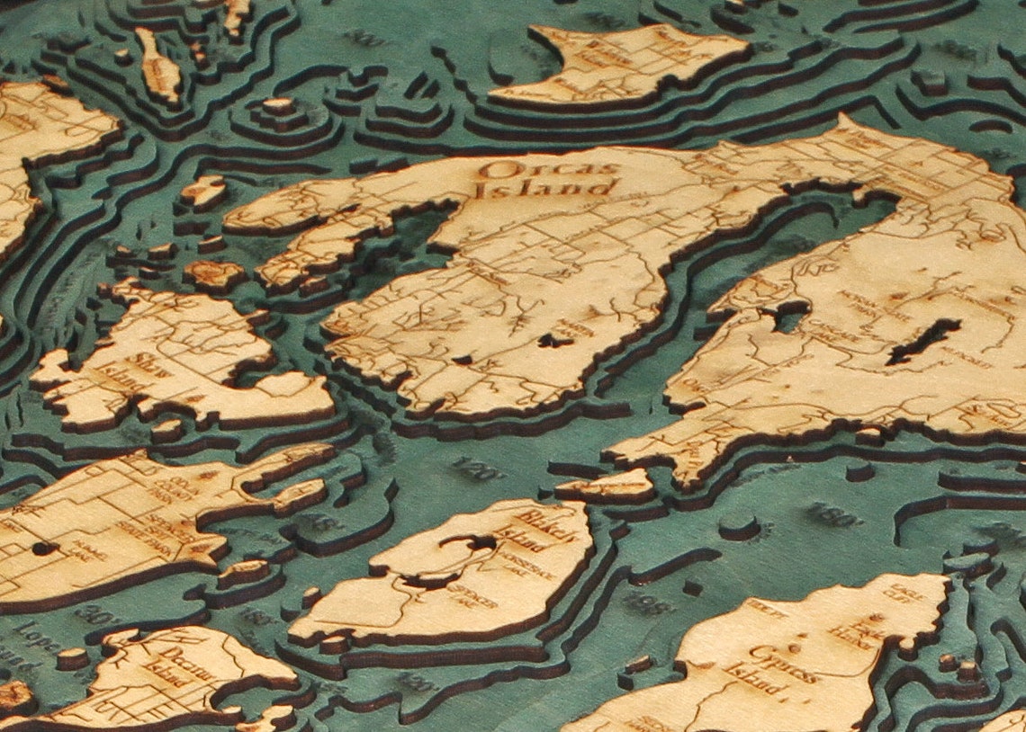 San Juan Islands Wood Carved Topographical Map / Chart - Etsy