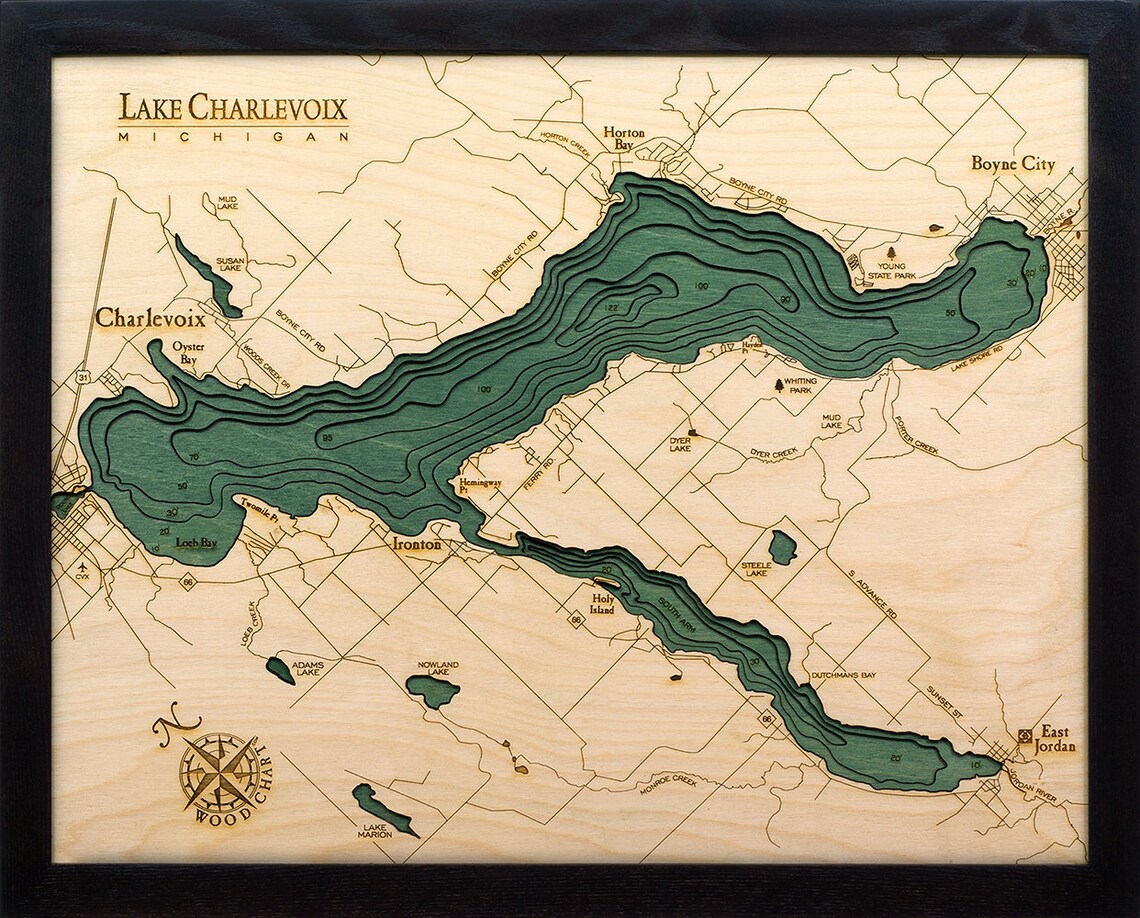 Lake Charlevoix Wood Carved Topographic Depth Chart / Map - Brown - Etsy