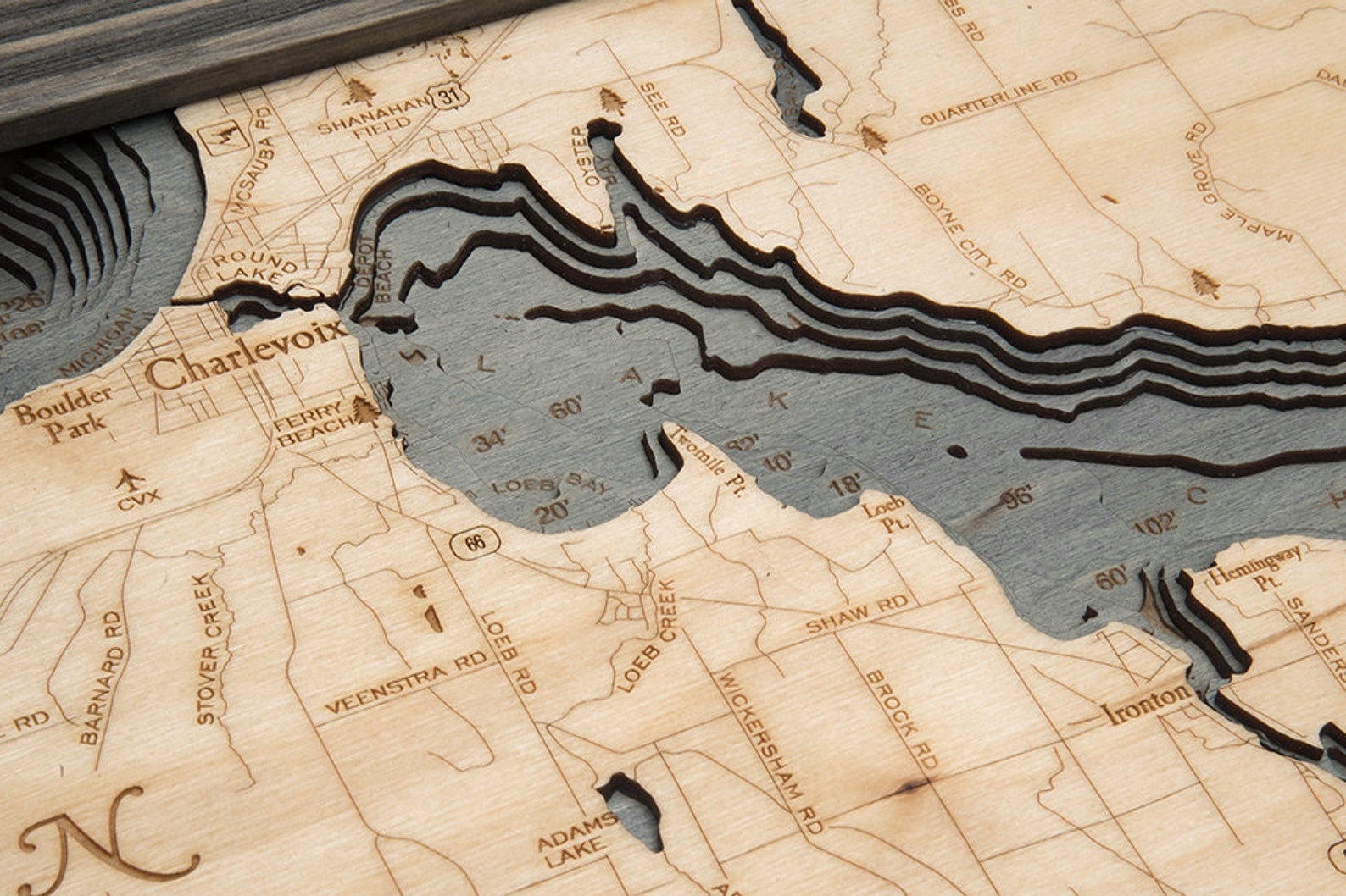 Lake Charlevoix Wood Carved Topographic Depth Chart / Map - Brown - Etsy