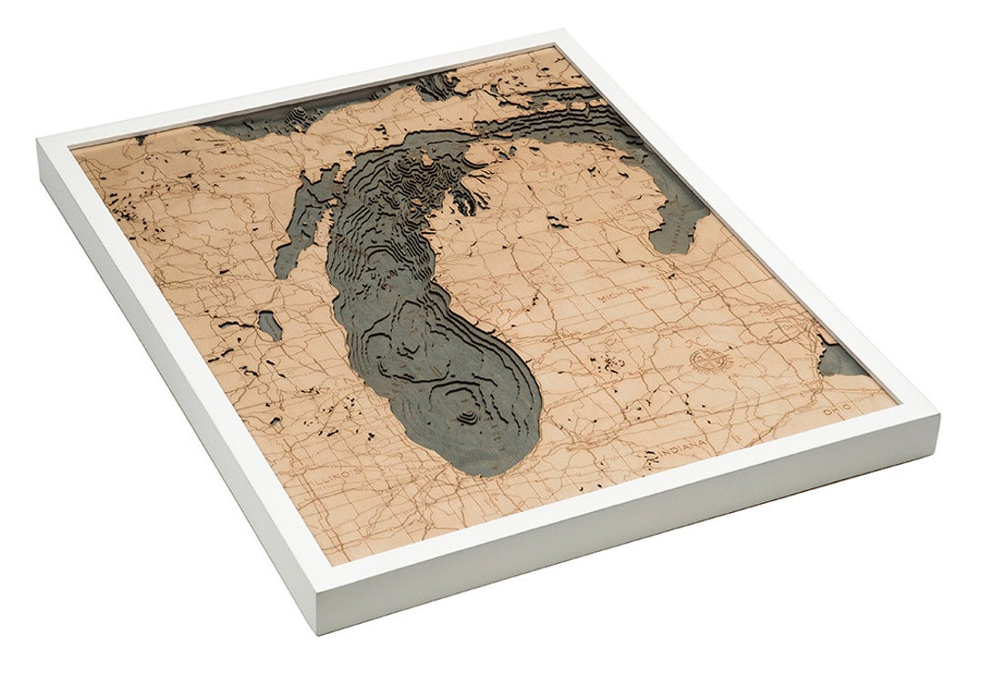 Lake Michigan Wood Carved Topographic Depth Chart / Map - 3 Frame ...