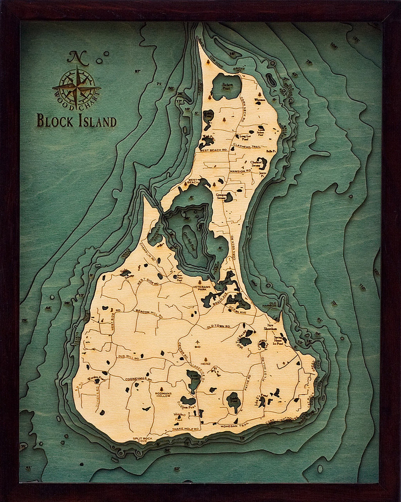 Block Island RI Wood Carved Topographic Depth Chart / Map - Etsy