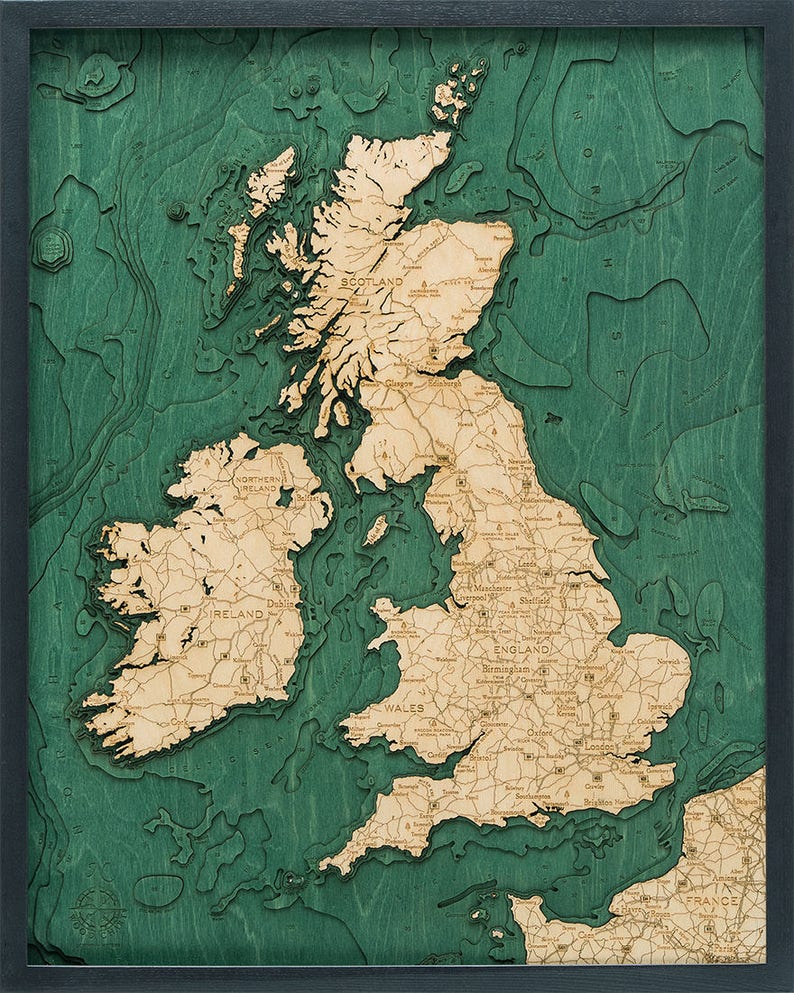 United Kingdom Wood Carved Topographic Depth Chart / Map - Etsy