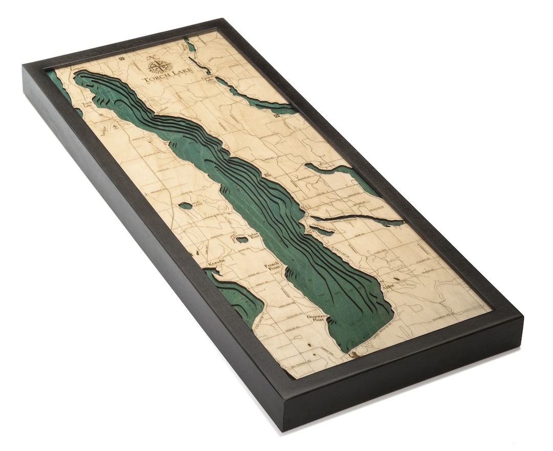 Torch Lake, Michigan Wood Carved Topographic Depth Chart / Map - Brown ...