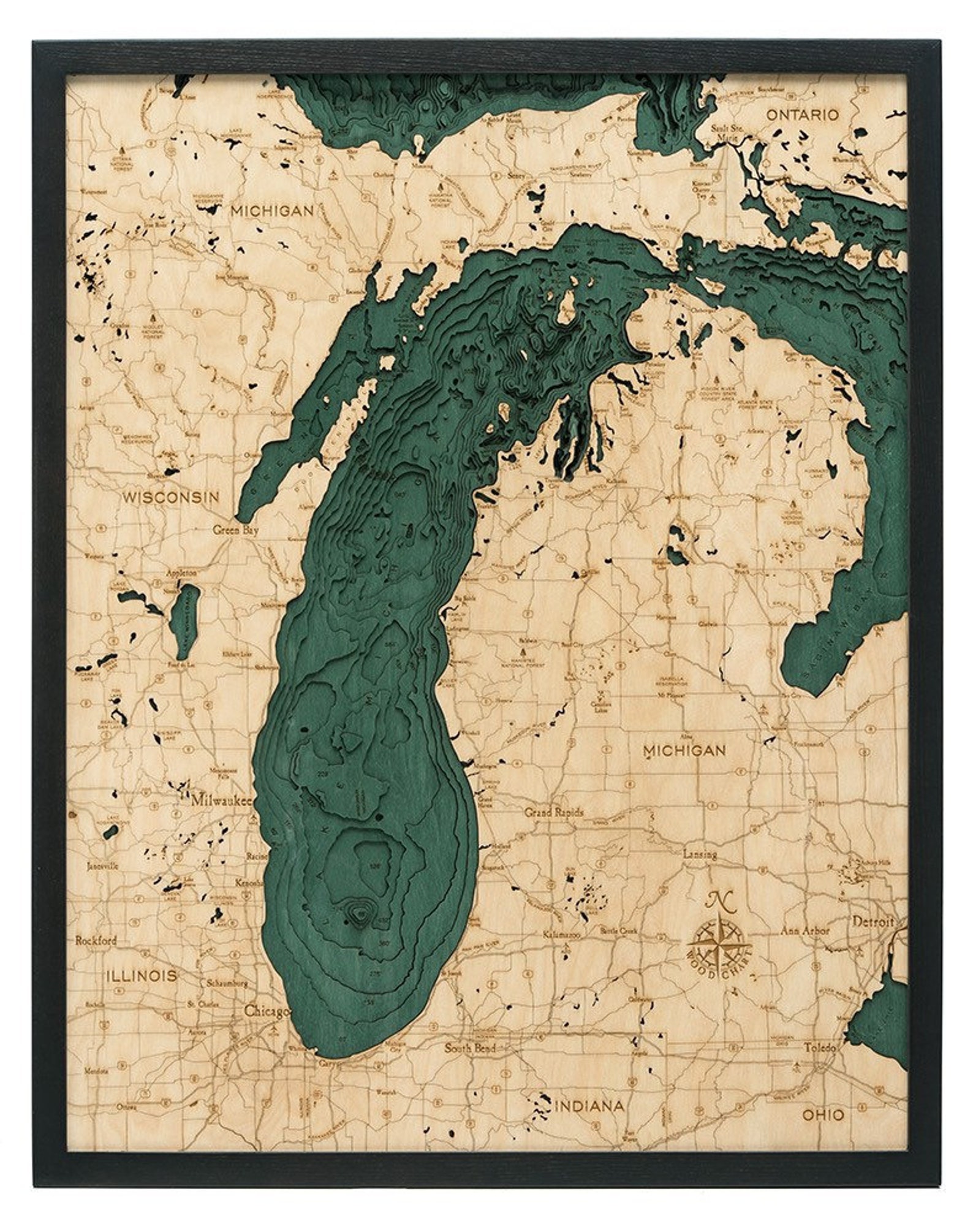Lake Michigan Wood Carved Topographic Depth Chart / Map - Etsy