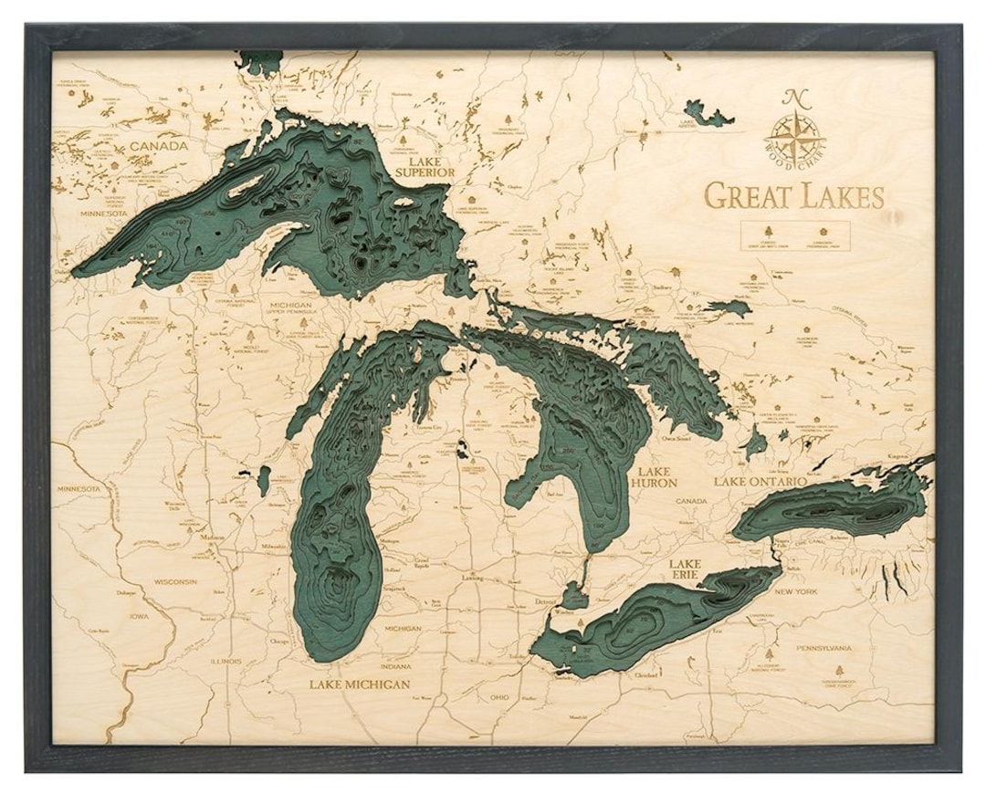 Great Lakes Wood Carved Topographical Depth Chart / Map - White Frame ...