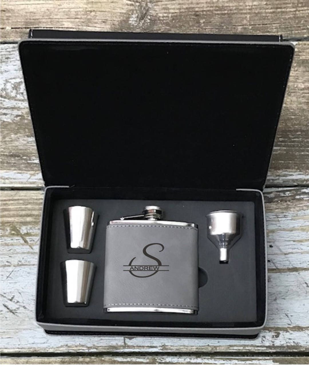 Personalized Groomsman Flask Set Best Man Gray Leatherette Gift Set ...