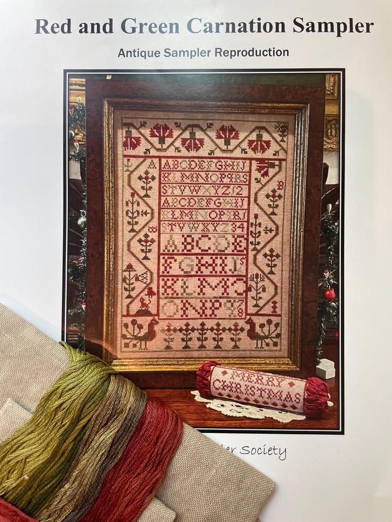 RED and GREEN CARNATION Sampler Cross Stitch Kit by Samplers Remembered ...