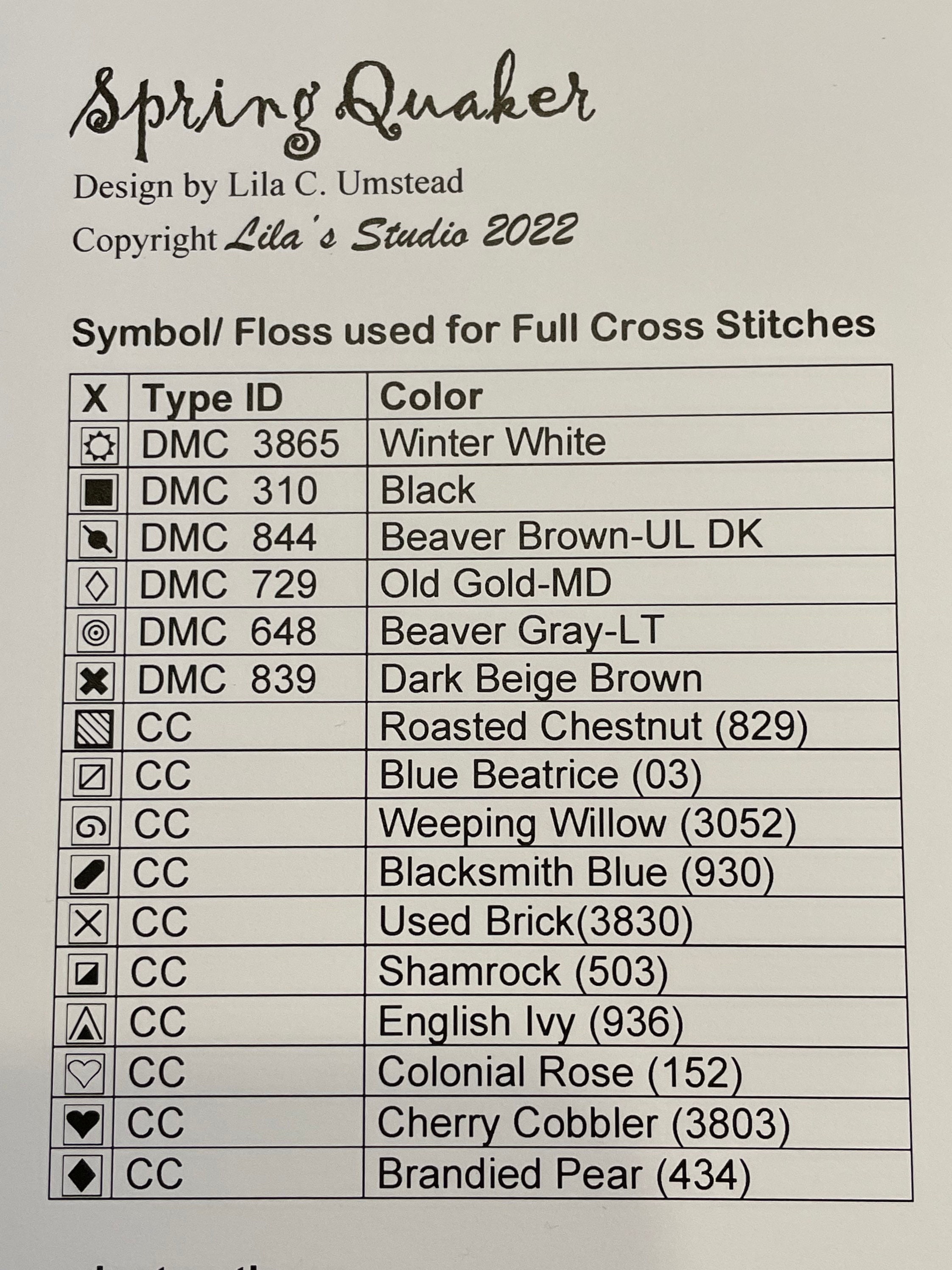 SPRING QUAKER by Lila's Studio / Cross Stitch Chart / Pattern Only ...