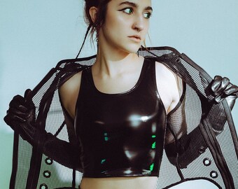 INTRIGUE TRIANGLE CROP Matte Black Pvc Top Futuristic Vinyl Cyber ...