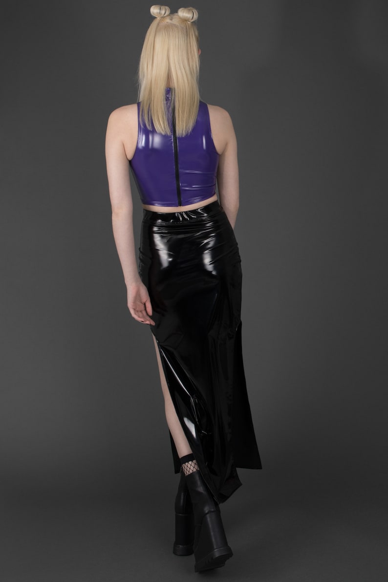 INTRIGUE MAXI SKIRT - Shiny Black Vinyl Pvc Slit High Waist Goth ...