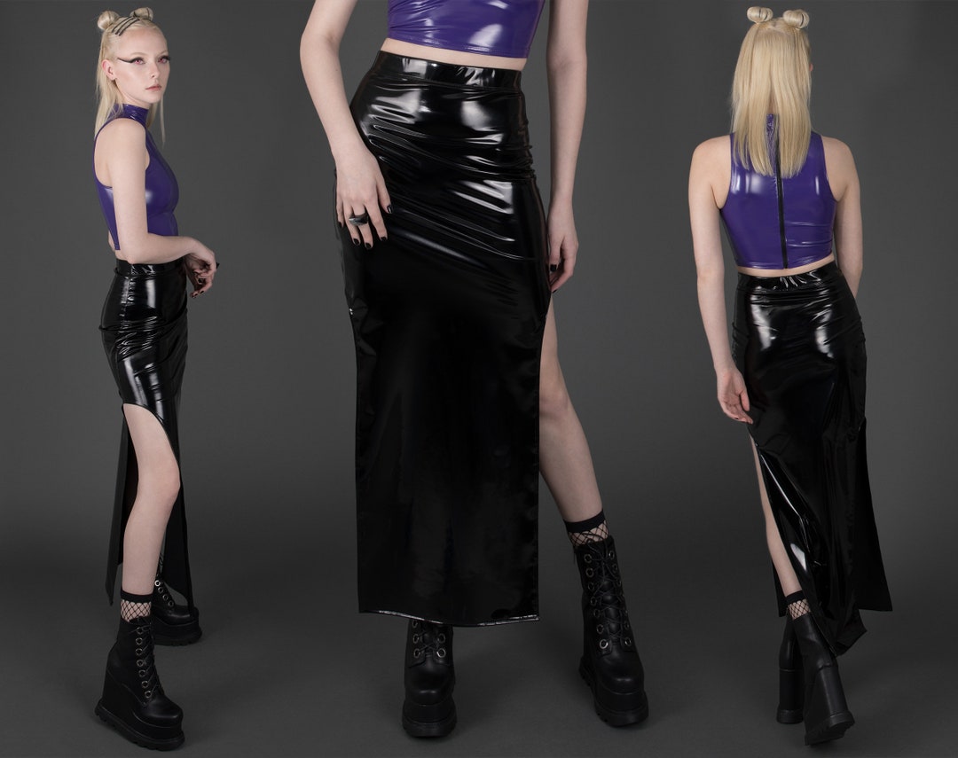 INTRIGUE MAXI SKIRT - Shiny Black Vinyl Pvc Slit High Waist Goth ...