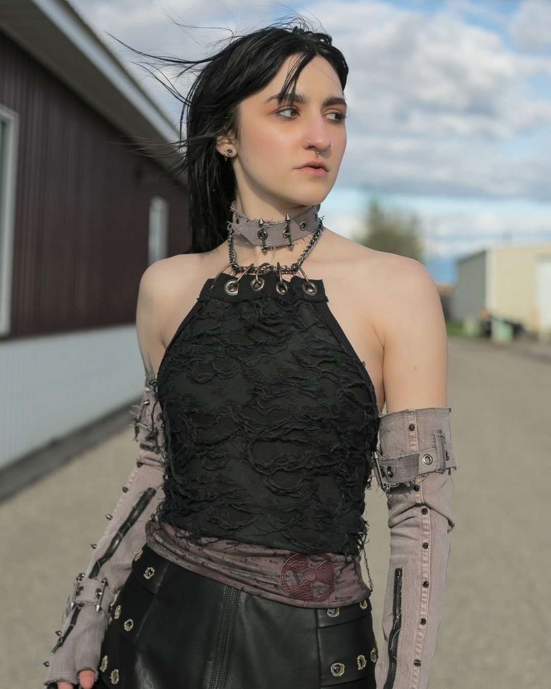 OOAK CHAIN REACTION Halter Top Radioactive Streetwear Shirt Leather Rivethead Industrial Goth ...