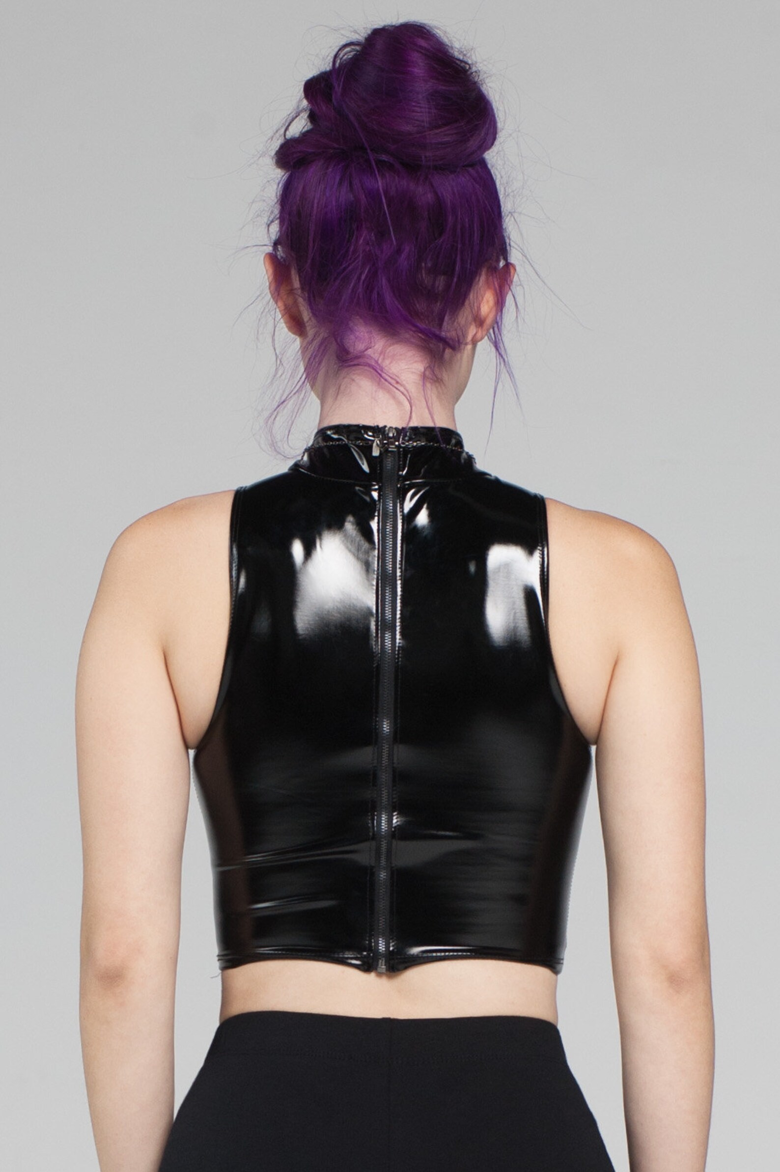 INTRIGUE CROP - Shiny Black PVC Top Futuristic Vinyl Cyber Zipper Shirt ...