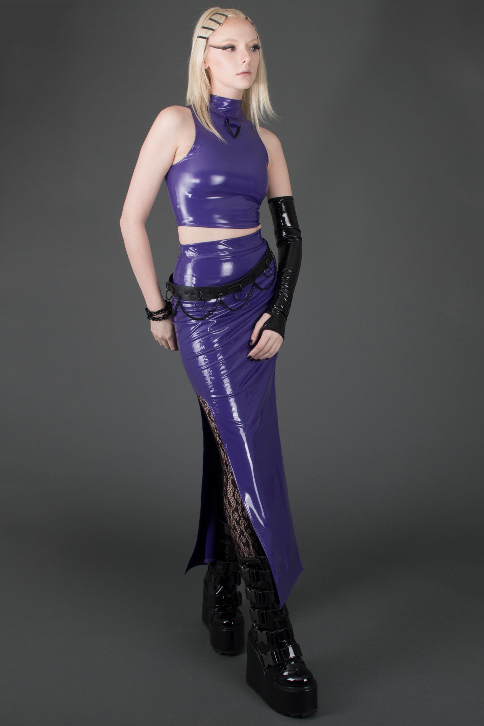 INTRIGUE TRIANGLE CROP - Purple Shiny Pvc Top Futuristic Vinyl Cyber ...