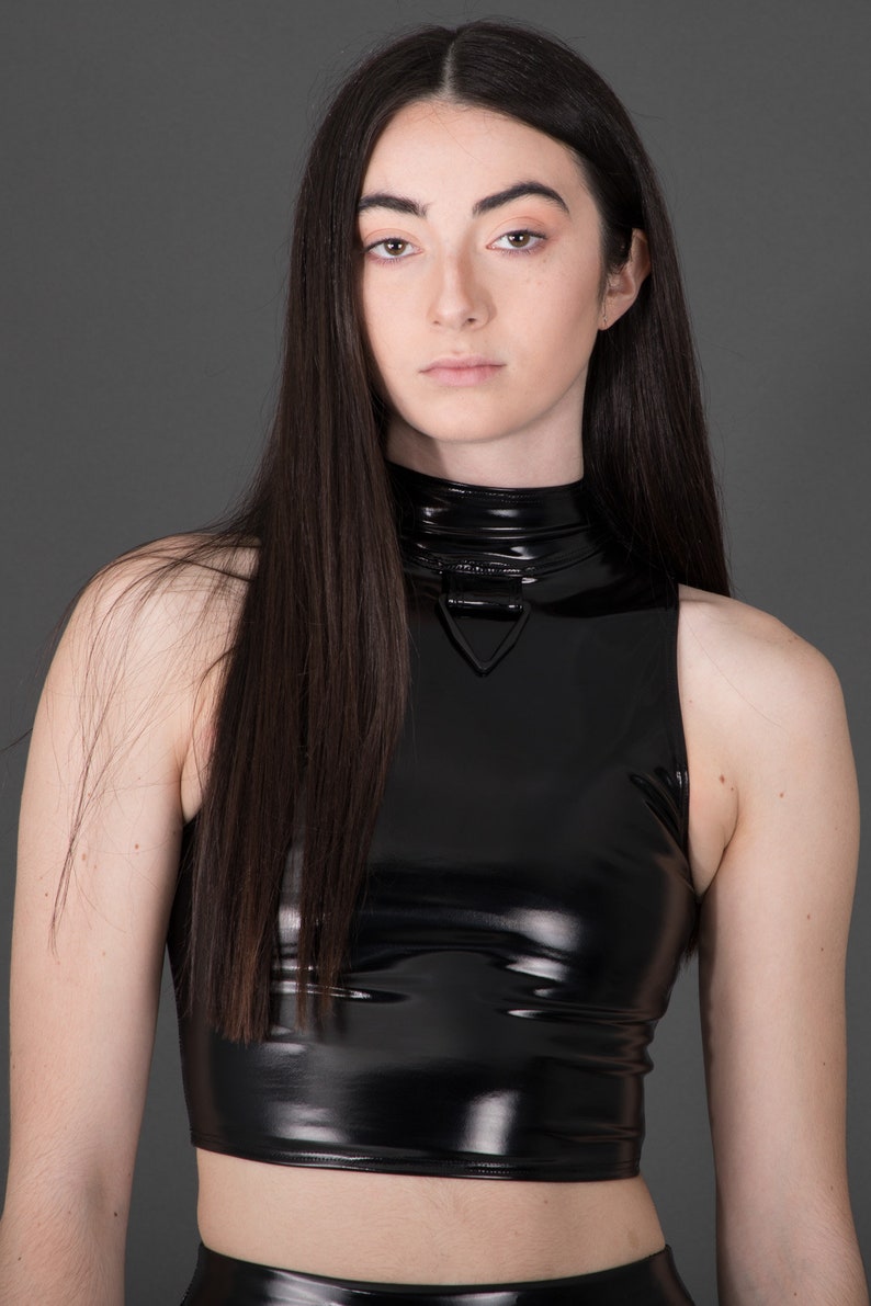 INTRIGUE TRIANGLE CROP - Shiny Black Pvc Top Futuristic Vinyl Cyber ...