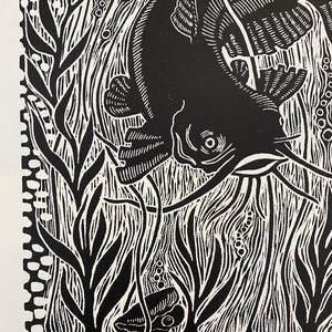 River Keeper Linocut in Black,underwater River Life , Lino Print Nature ...