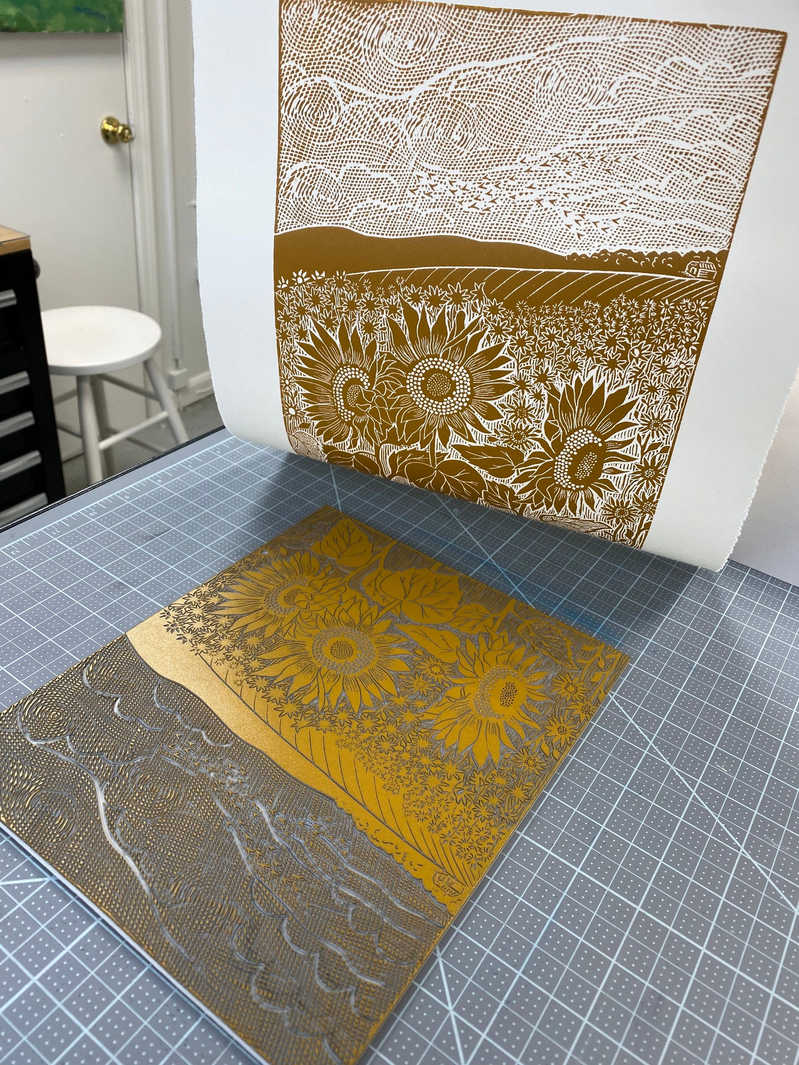 Sunflower Field Linocut Print in Yellow Ochre Limited Edition - Etsy