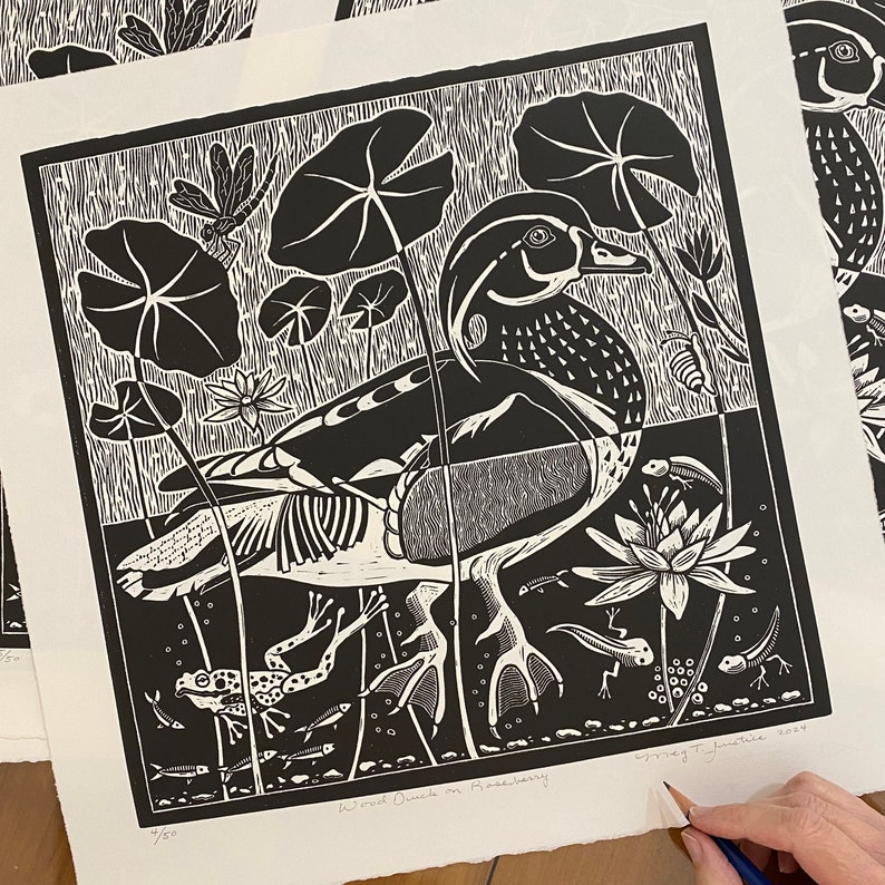Woodduck Linocut in Black, Duck Linocut, Bird Linocut,wild Waterbird ...