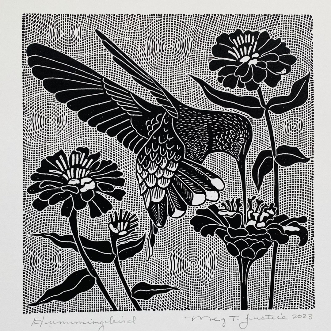 Hummingbird in the Zinnias Linocut in Black,hummingbird Linoprint,bird ...