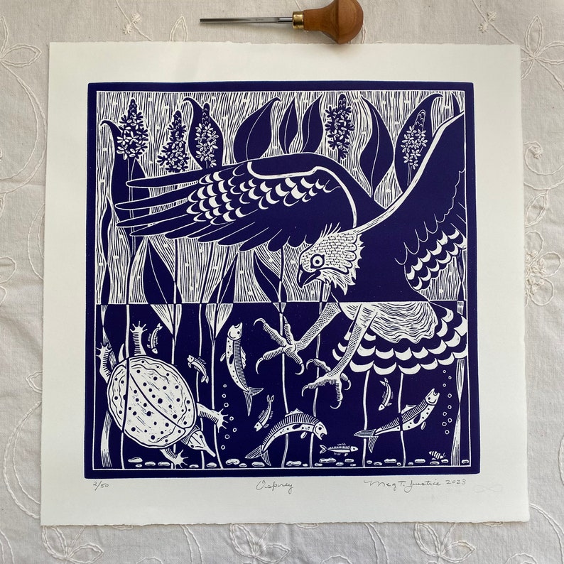 Osprey Linocut in Blue,water Bird Linoprint,bird Art,raptor Art,bird ...