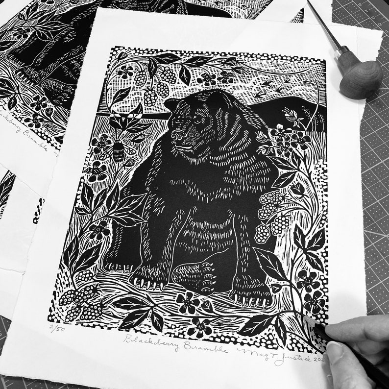 Blackberry Bramble Bear Linocut Print in Blackbear - Etsy